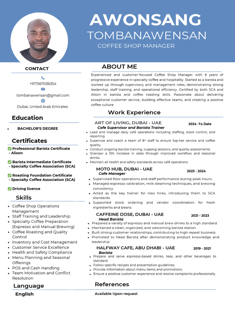 Coffee Shop Manager with Barista Expertise | PDF | Coffee | Coffeehouse
