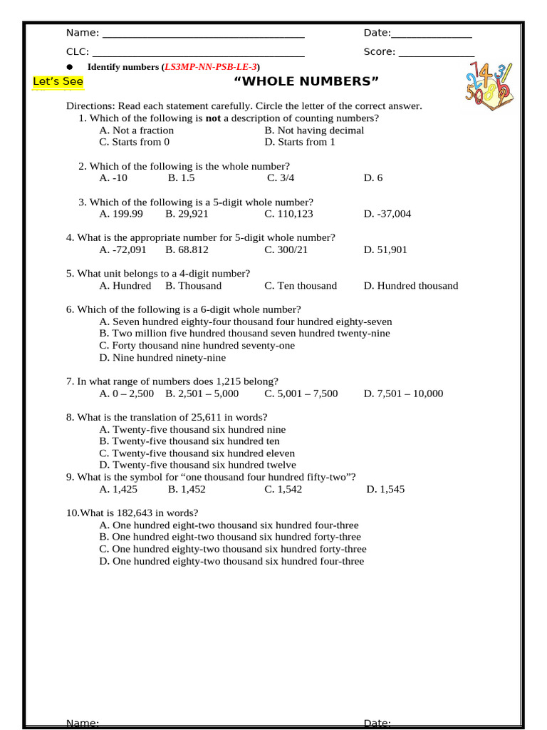 3 WHOLE NUMBERS Worksheets.doc | PDF | Numbers
