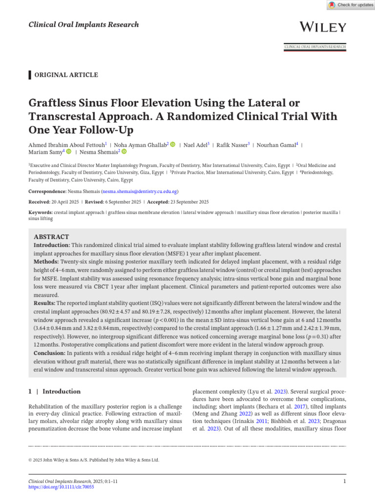 Graftless Sinus Elevation: Lateral vs. Crestal | PDF | Dental Implant ...