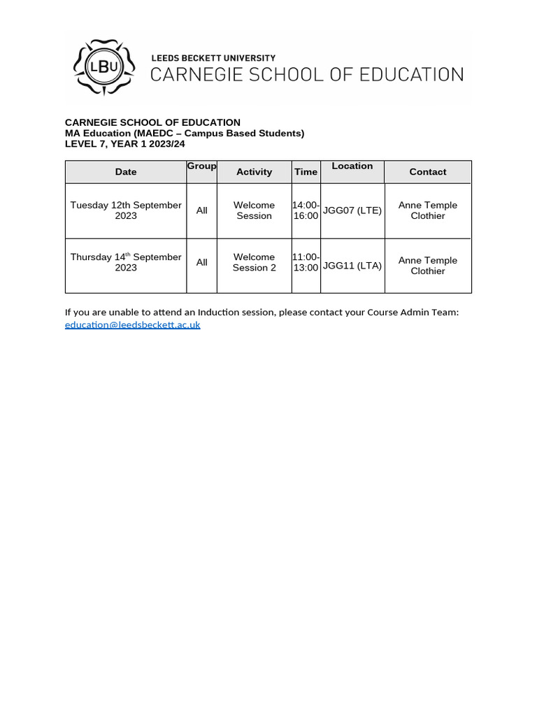 Induction Schedule MAEDC L7 (Campus Based) | PDF