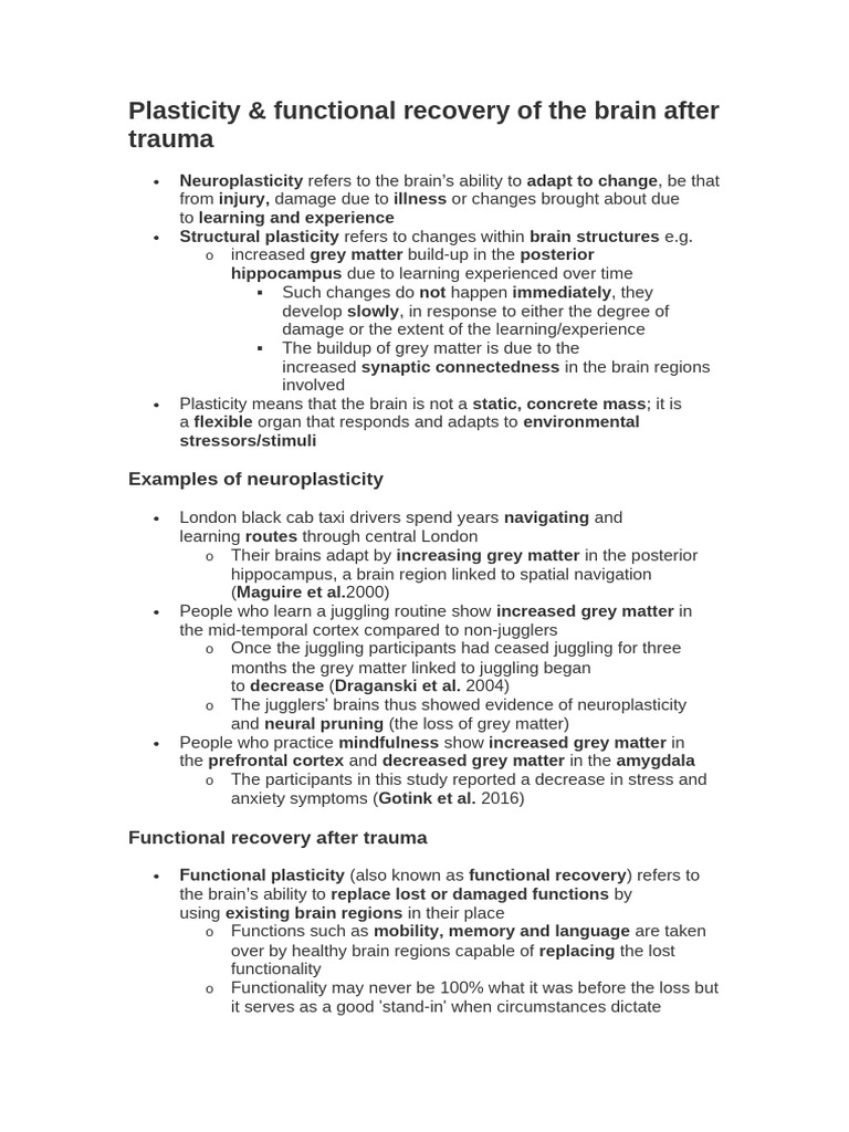 Plasticity & Functional Recovery of the Brain After Trauma | PDF ...