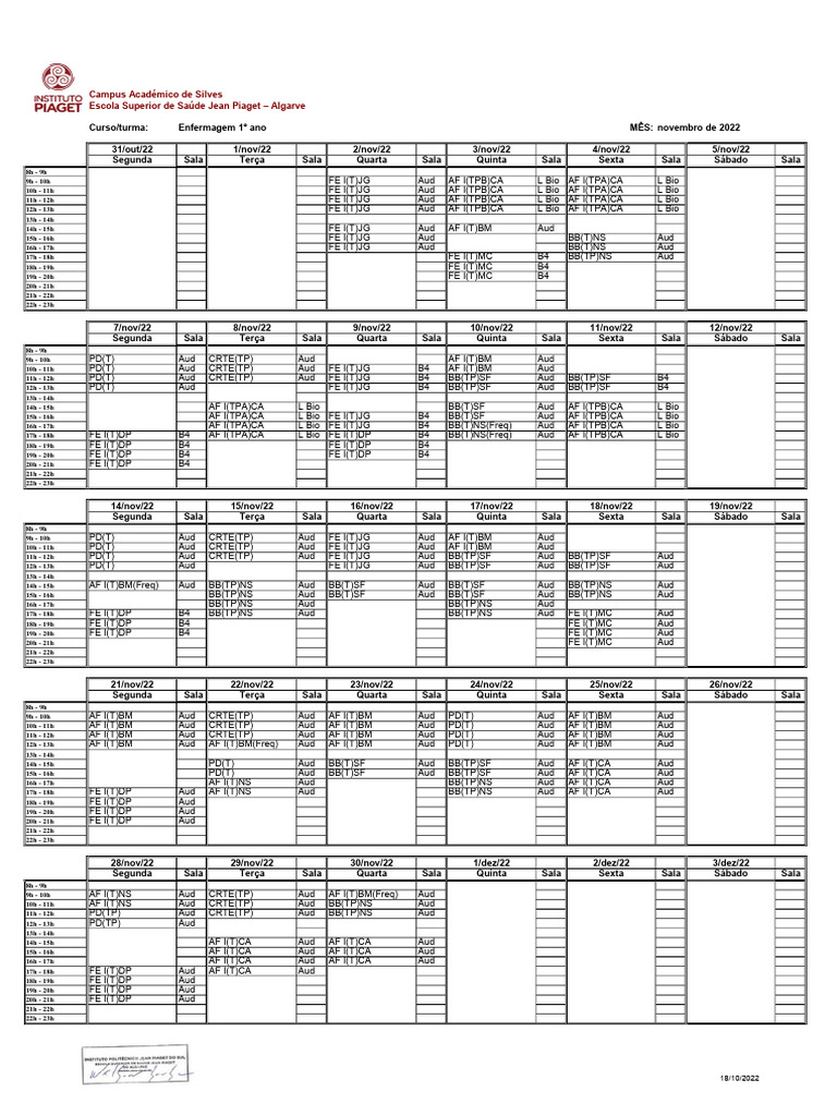 2022_11_Horários_ Enf. 1ºano_18.10.22 | PDF