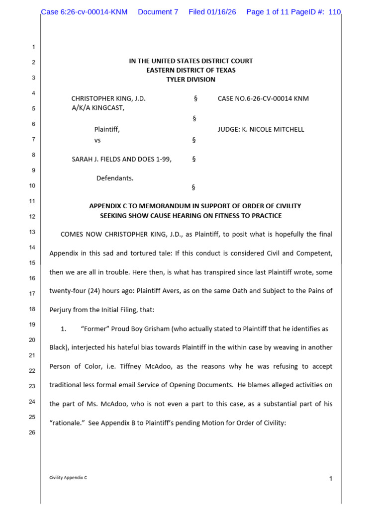 Christopher King J D a K a KingCast v Sara Fields Et Al 6 26 CV ...