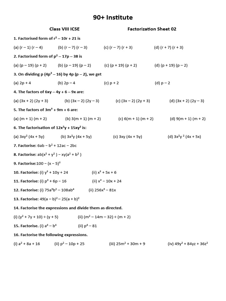 ICSE Class VIII Factorization Guide | PDF