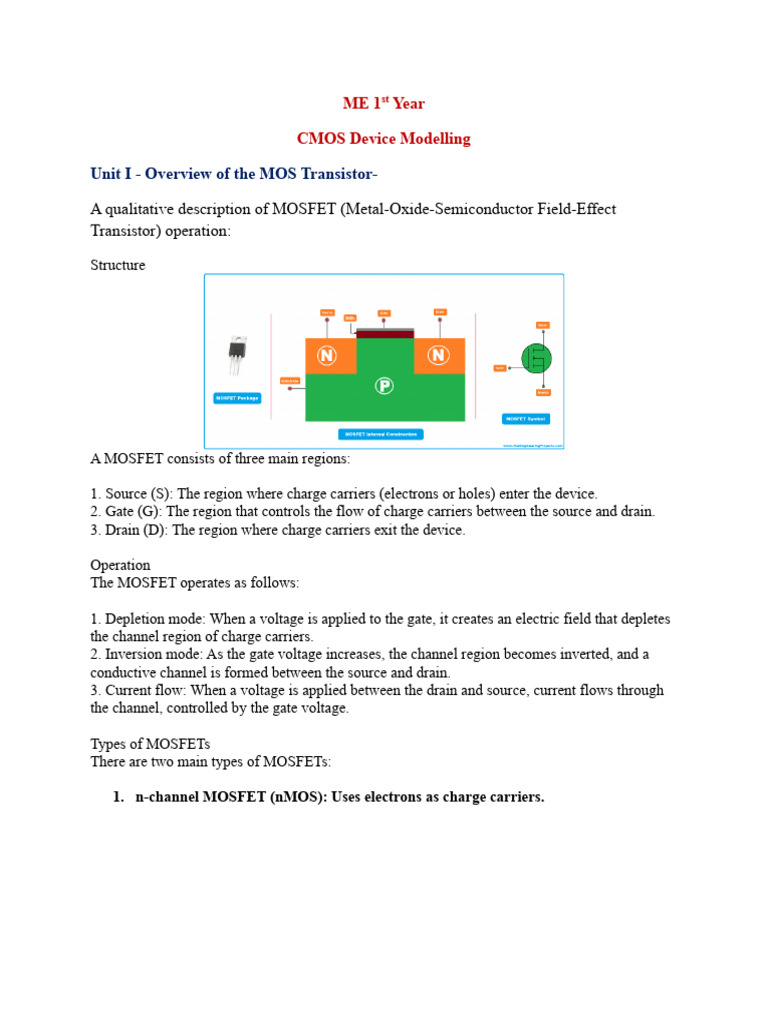 ME 1st Year Unit I - Overview of the MOS Transistor and Unit II –Three ...