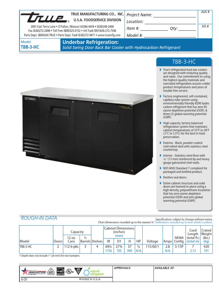 True TBB-3-HC Back Bar Cooler Specs | PDF | Materials | Mechanical ...