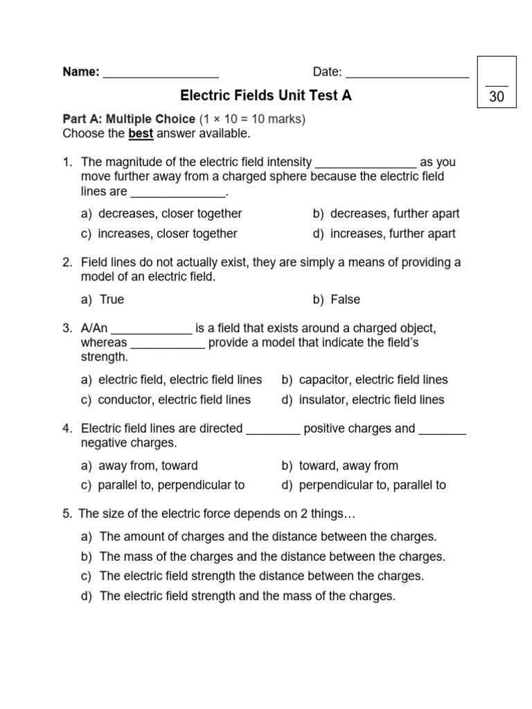 Electric Fields Unit Test Questions | PDF | Electric Field | Electricity