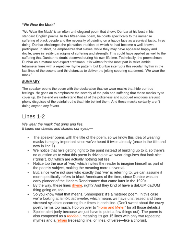 Dunbar's "We Wear the Mask" Analysis | PDF | Poetry | Metre (Poetry)