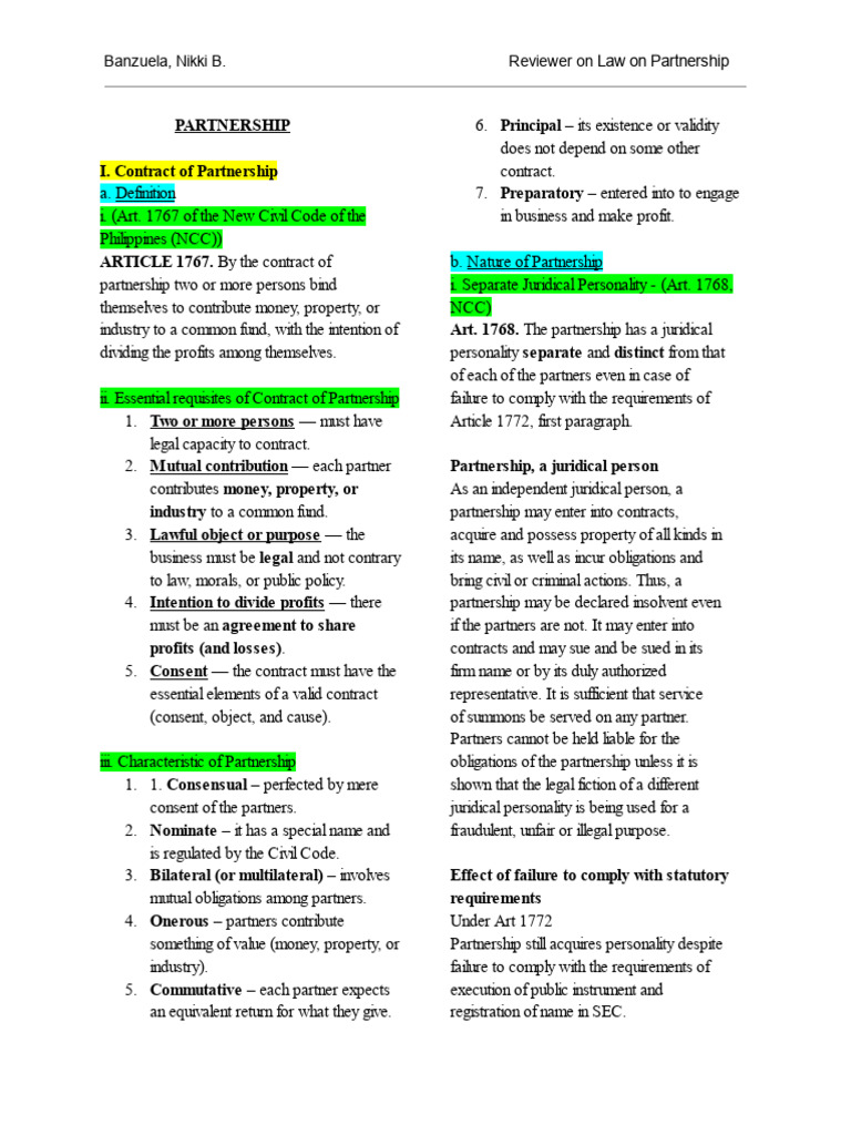 Law on Partnership Overview | PDF | Partnership | Ownership
