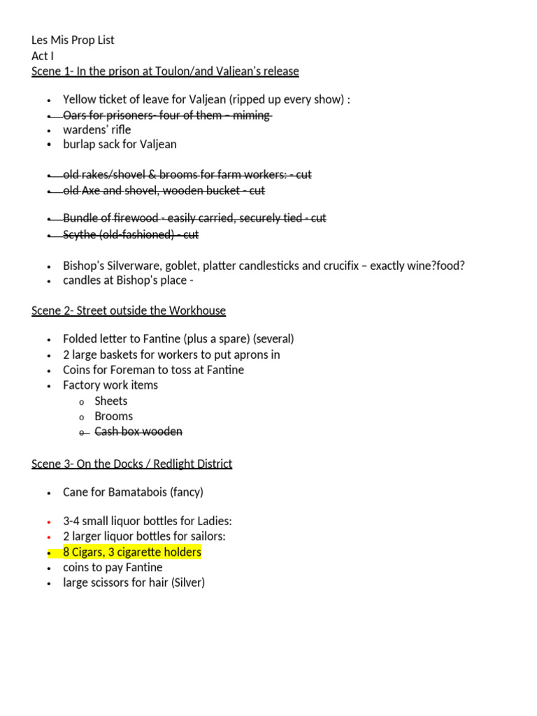 Les Misérables Props List for Staging | PDF | Marius Pontmercy | Cosette