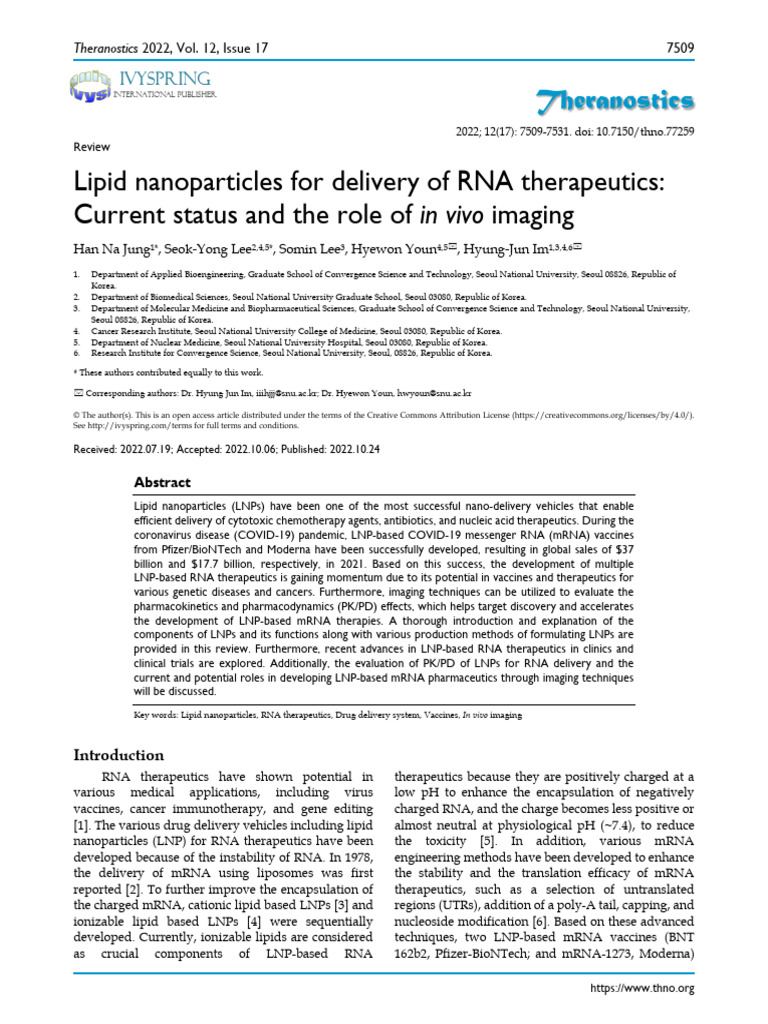Lipid Nanoparticles For Delivery of RNA Therapeutics - Current Status ...
