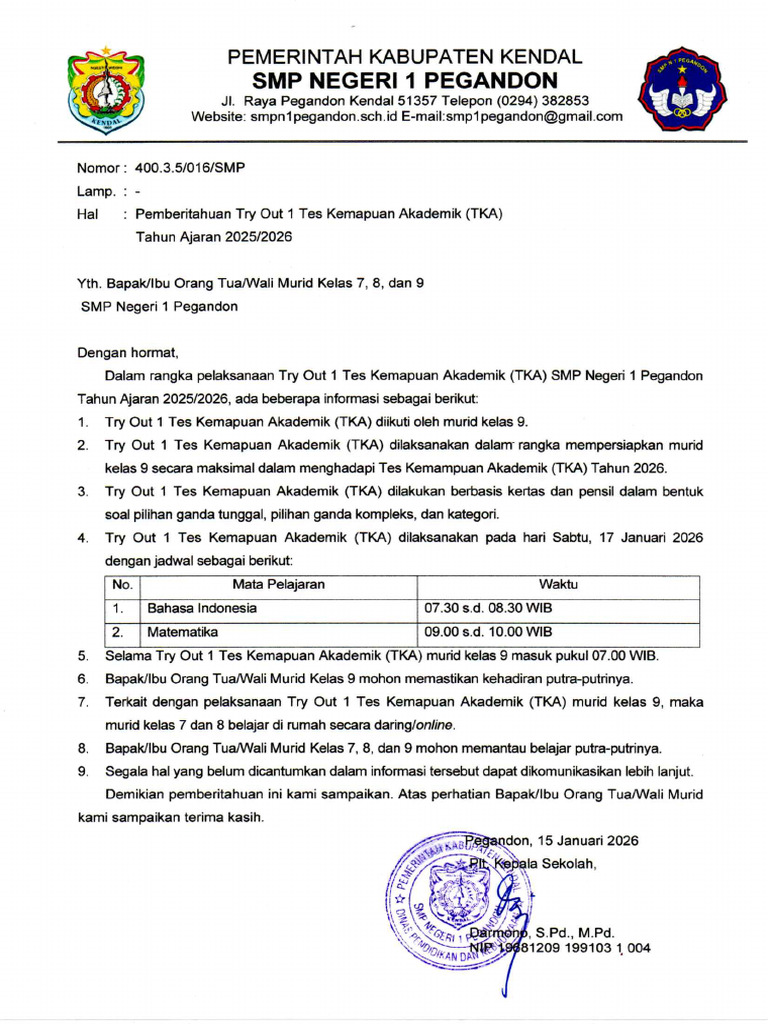 Pemberitahuan Try Out 1 TKA | PDF