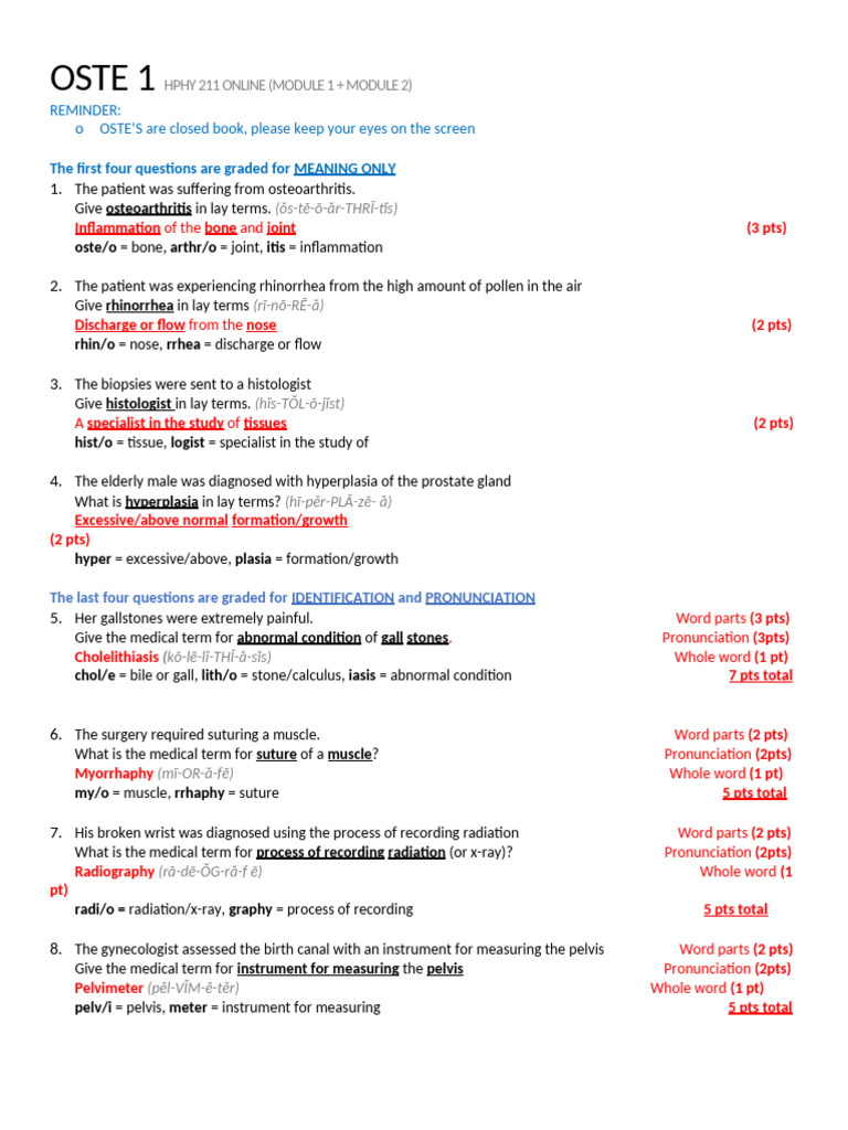 Medical Terminology Quiz: OSTE 1 HPHY 211 | PDF | Diseases And ...