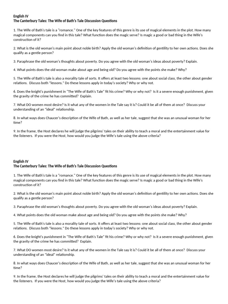 Wife of Bath's Tale Discussion Questions | PDF | The Canterbury Tales