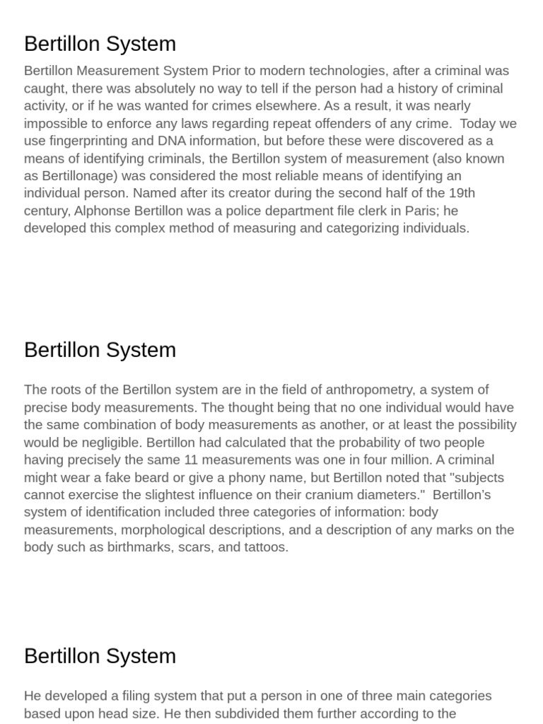 Bertillon Measurement System Overview | PDF