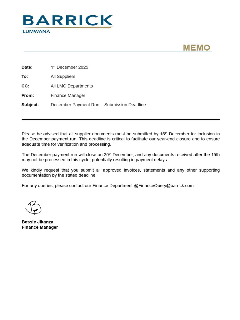 MEMO - December Payment Run | PDF