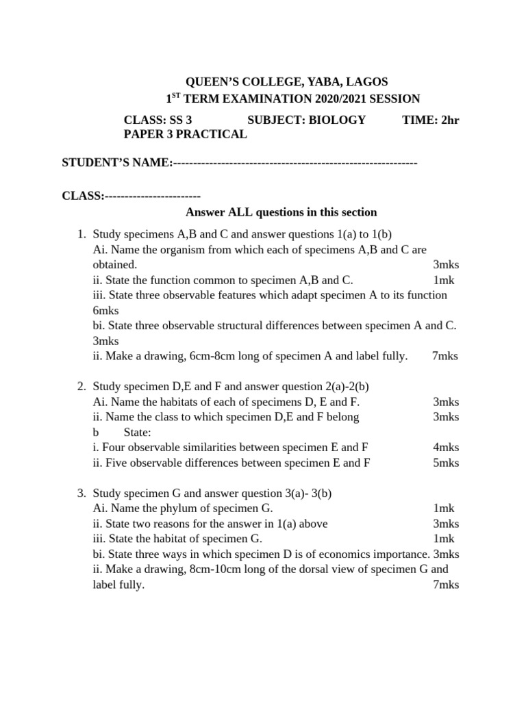 SS3 Biology Practical Exam 2020-2021 | PDF