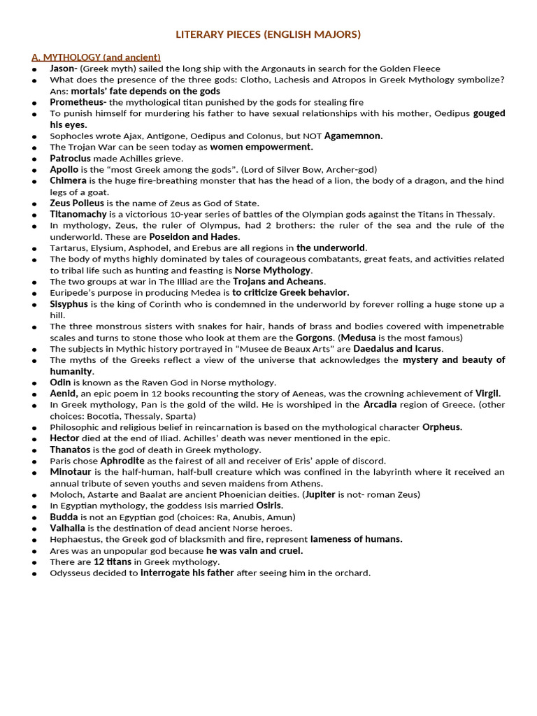 Literary Pieces (English Major) | PDF | Greek Mythology | Hades