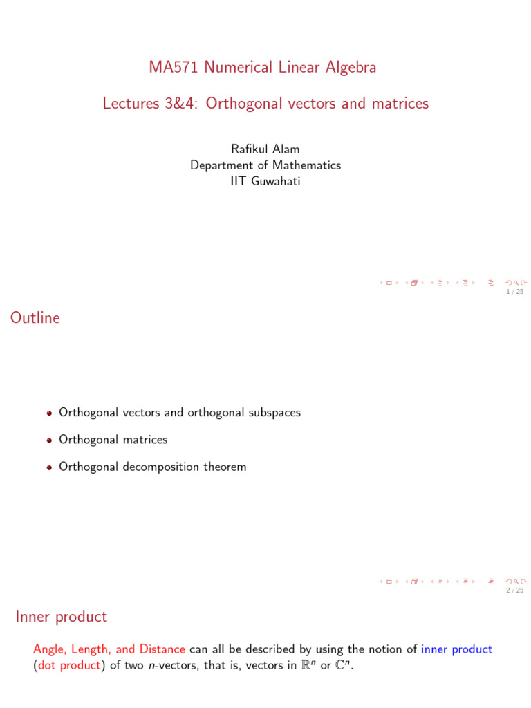 Lect-03&04(ortho mat)-2025 | PDF | Basis (Linear Algebra) | Matrix (Mathematics)