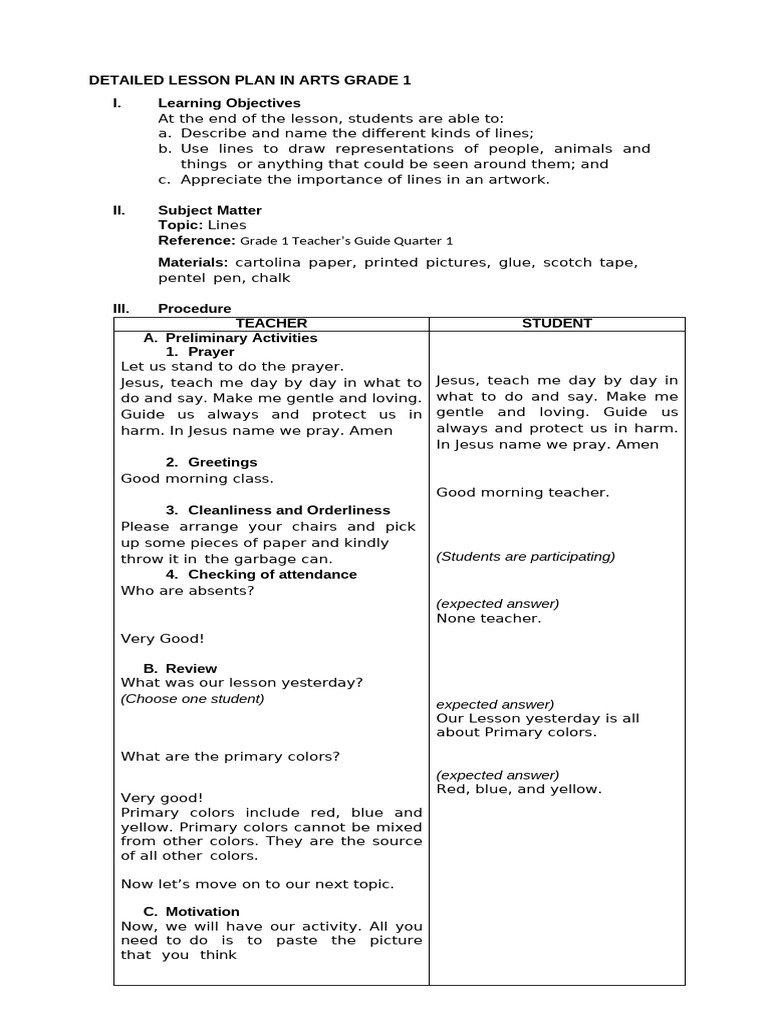 Grade 1 Art Lesson Plan on Lines | PDF | Line (Geometry) | Lesson Plan
