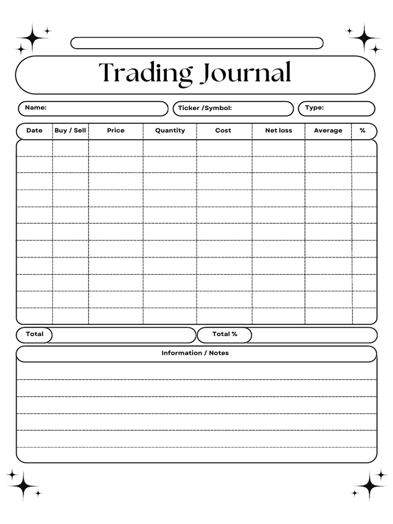 Black and White Simple Classic Stock Market Trading Journal Planner | PDF