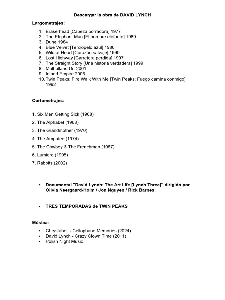 Obras y Masterclass de David Lynch | PDF