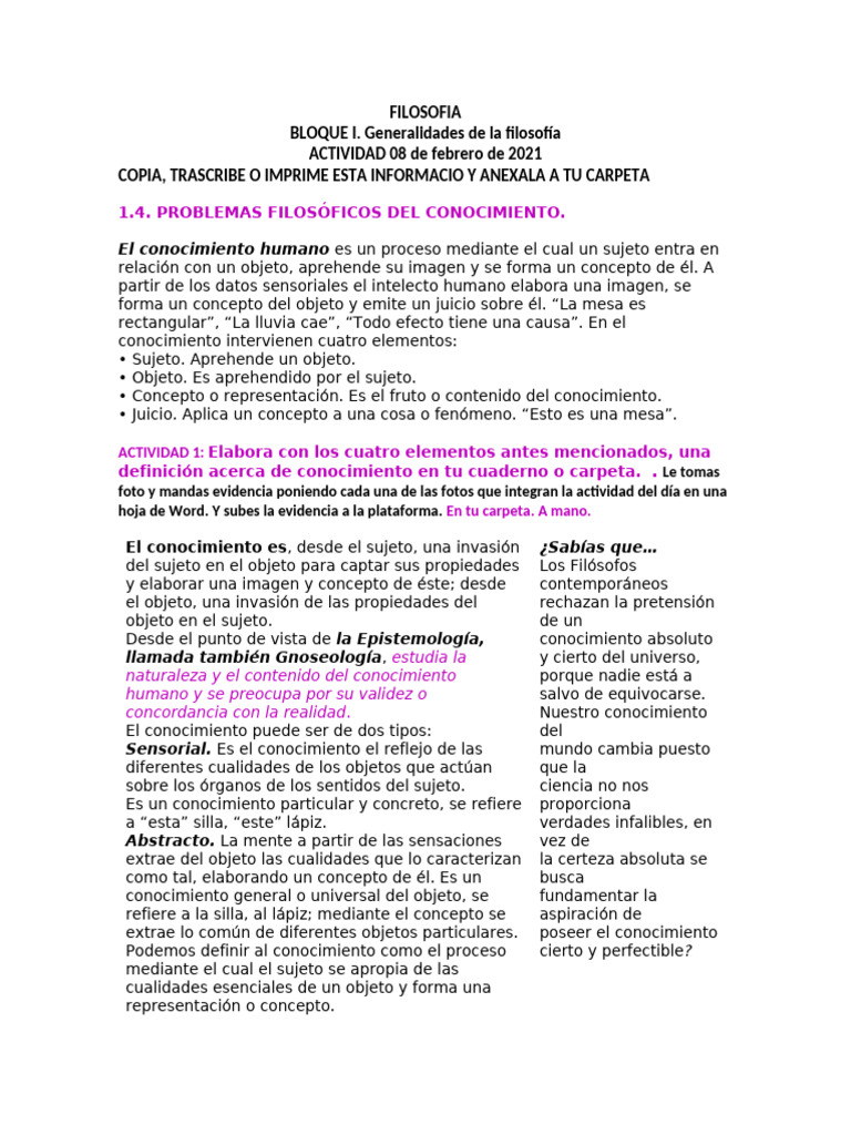 Filosofia Actividad 08 de Febrero de 2021 | PDF | Conocimiento | Verdad