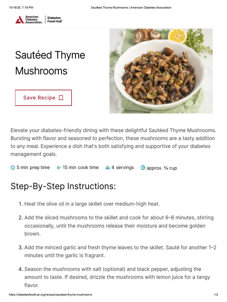 Sautéed Thyme Mushrooms _ American Diabetes Association | PDF ...