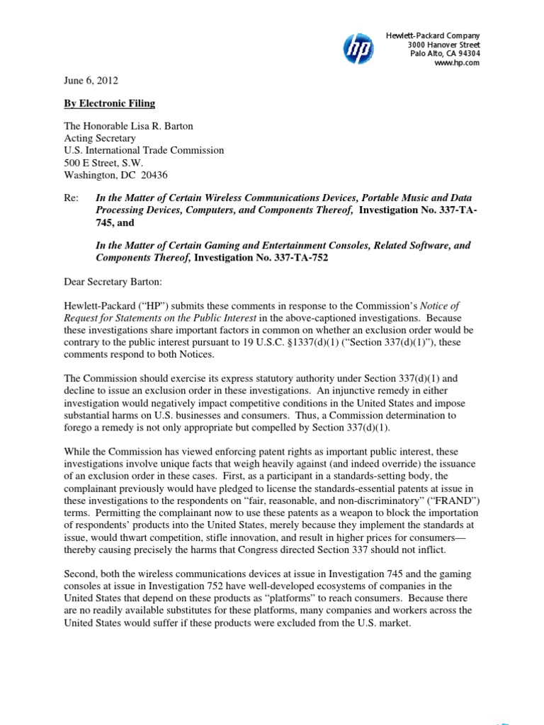 HP Letter | Federal Trade Commission | Standardization