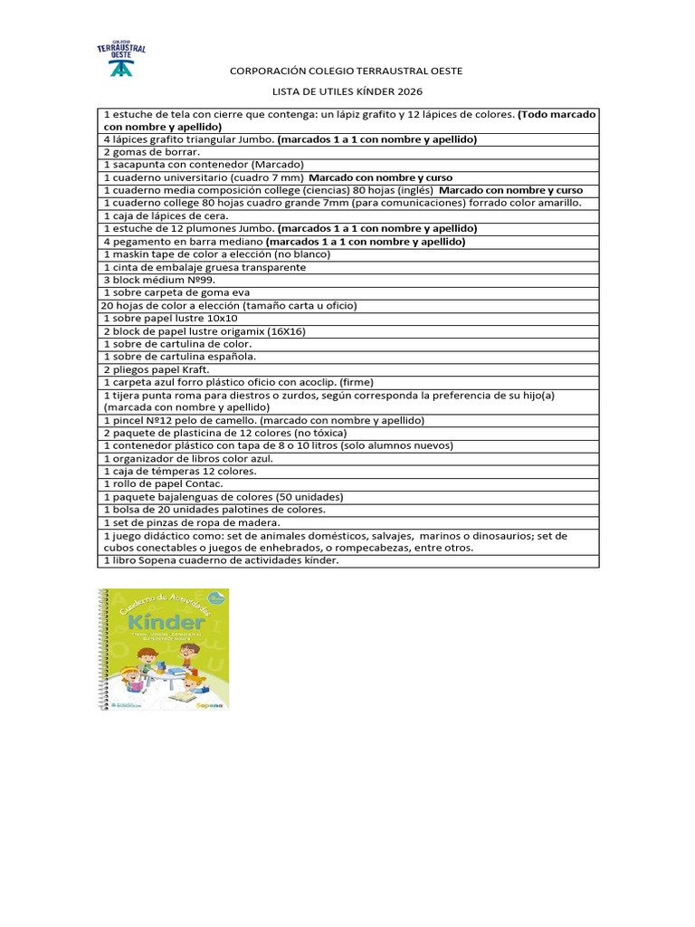 Lista de Útiles y Uniforme Kínder 2026 | PDF | Lápiz | Materiales de ...