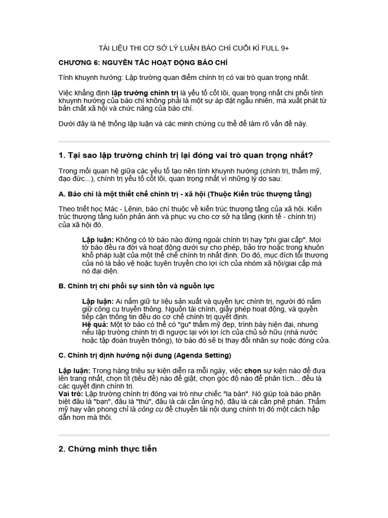 TÀI LIỆU THI CƠ SỞ LÝ LUẬN BÁO CHÍ CUỐI KÌ FULL 9 | PDF