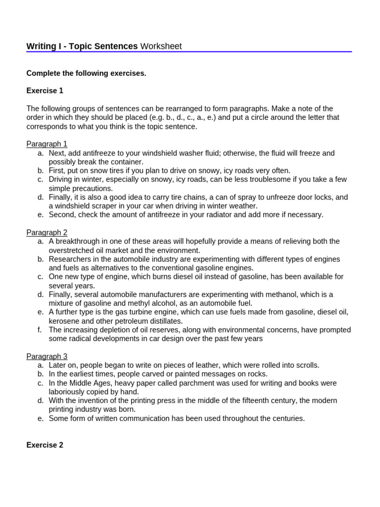 Topic Sentences and Paragraph Structure Worksheet | PDF | Diesel Fuel ...