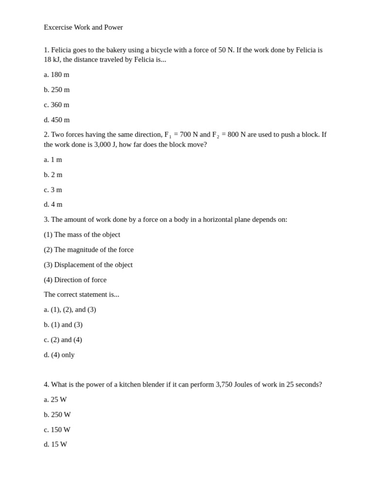 Excercise Work and Power G8 | PDF