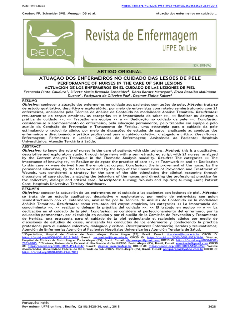 Artigo - Atuação Dos Enfermeiros No Cuidado Das Lesões de Pele | PDF ...