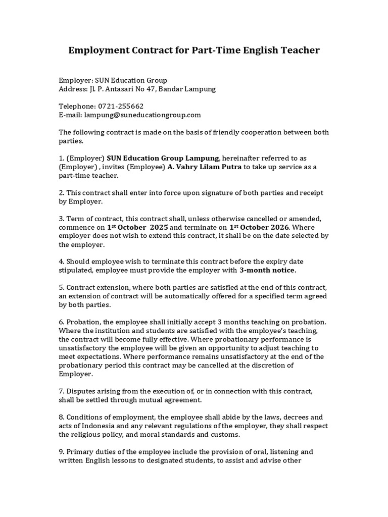 Part-Time English Teacher Contract | PDF | Employment | Justice