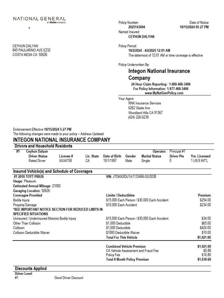 CA Personal Auto Policy Declaration | PDF | Insurance | Deductible