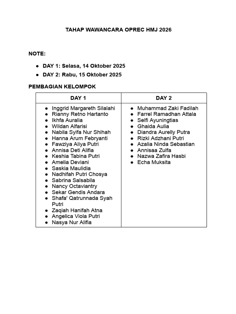 Tahap Wawancara Oprec HMJ 2026 (Formatur) | PDF