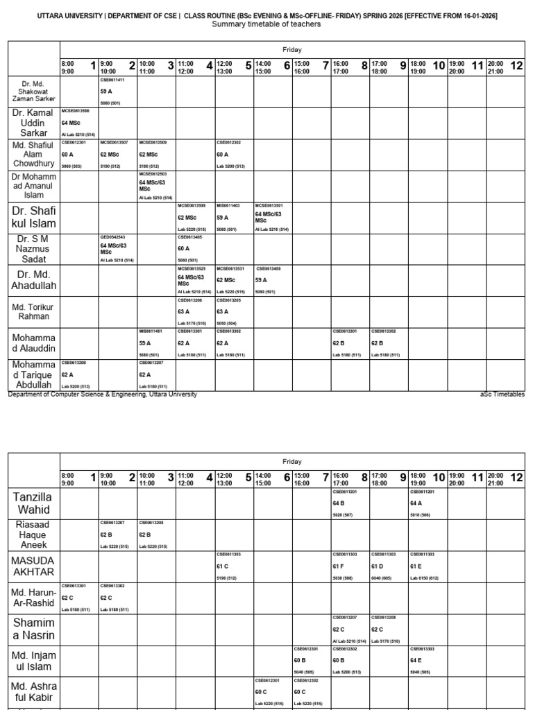 Offline_[Faculty-wise]_BSc (Evening) & MSc Offline (Friday) Class Routine Spring 2026 Version-1. ...