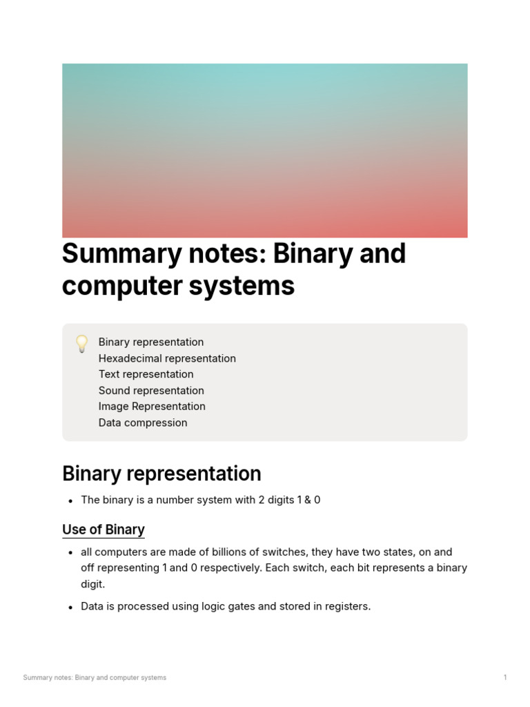 d66e9457-c4b0-4f1c-Ad59-5ba5737774c0 Summary Notes Binary and Computer ...