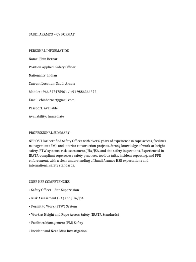Ebin Bernar Aramco CV Format | PDF | Occupational Safety And Health ...