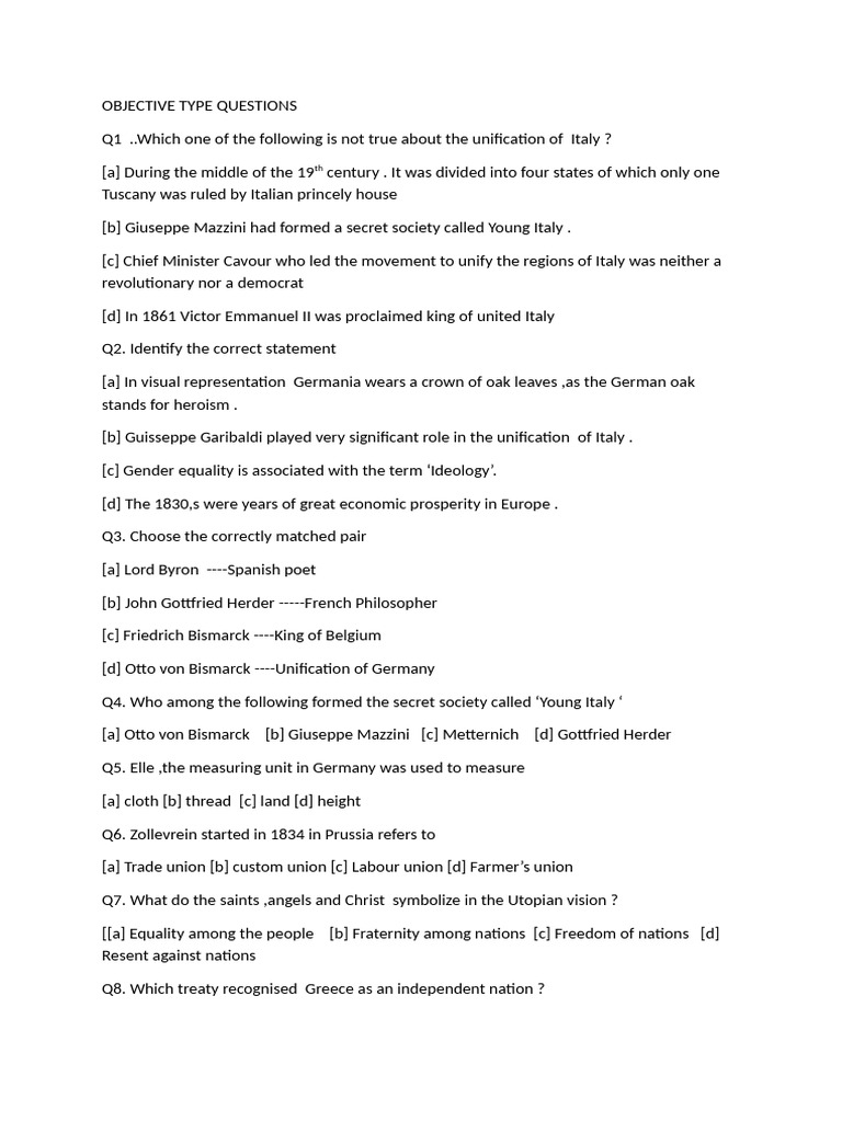 Objective Type Questions History Ch 1,2,5 | PDF | Germany | World Politics