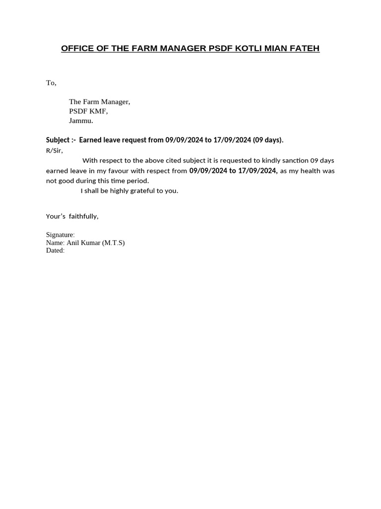 Application for Earned Leave Copy Copy Copy Copy Copy | PDF