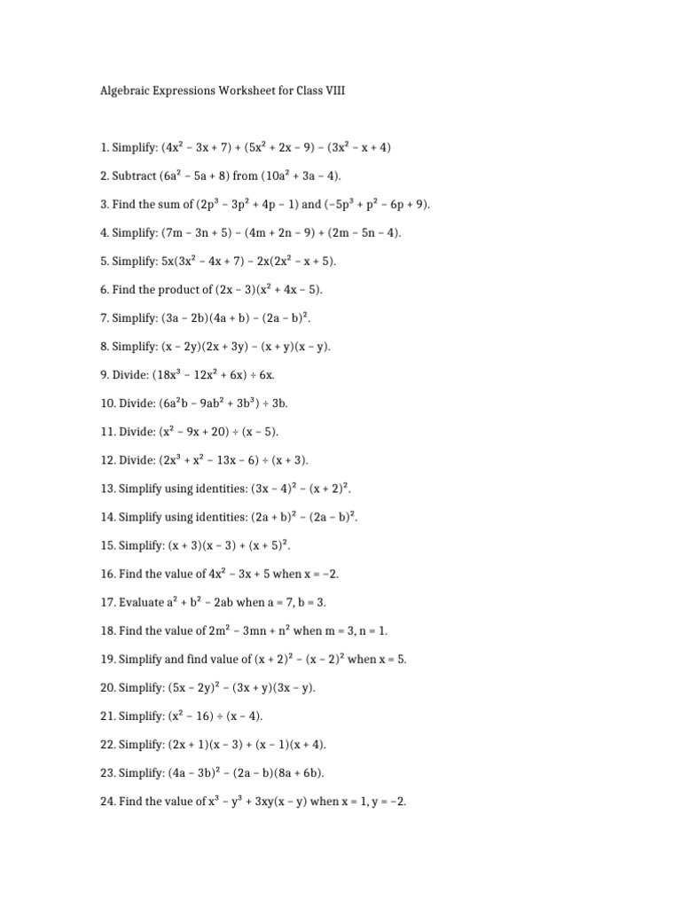 Worksheet 1 Algebraic Expressions Class VIII | PDF