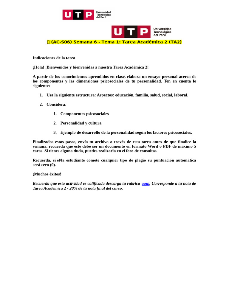 ? (AC-S03) Semana 3 - Tema 1 Tarea Académica 2 (TA2) (PERSONALIDAD | PDF