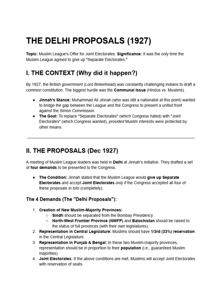 Delhi Proposals: Muslim League's 1927 Offer | PDF | Muhammad Ali Jinnah ...