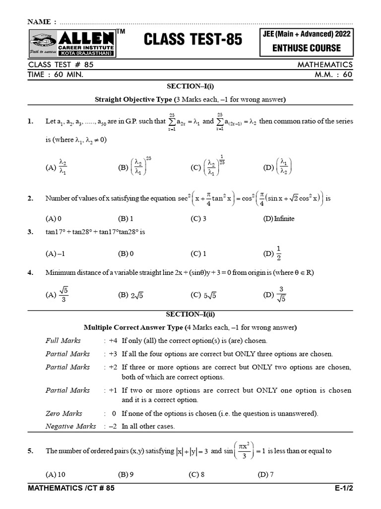 1801 CT-85 Math Student Copy | PDF | Equations | Mathematical Concepts