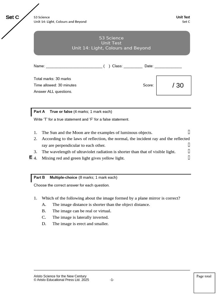 S3 Science Unit Test: Light & Colors | PDF | Light | Optics