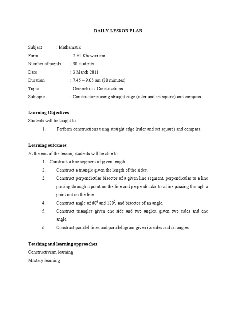 Class 7 Geometrical Constructions Plan | PDF | Lesson Plan | Perpendicular