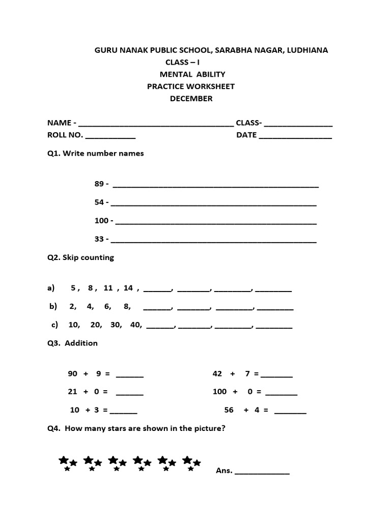 Class 1 Mental Ability Worksheet | PDF