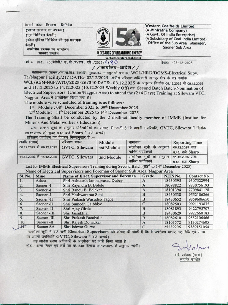 WCL Electrical Supv. Training 8 - 14 December 2025 | PDF